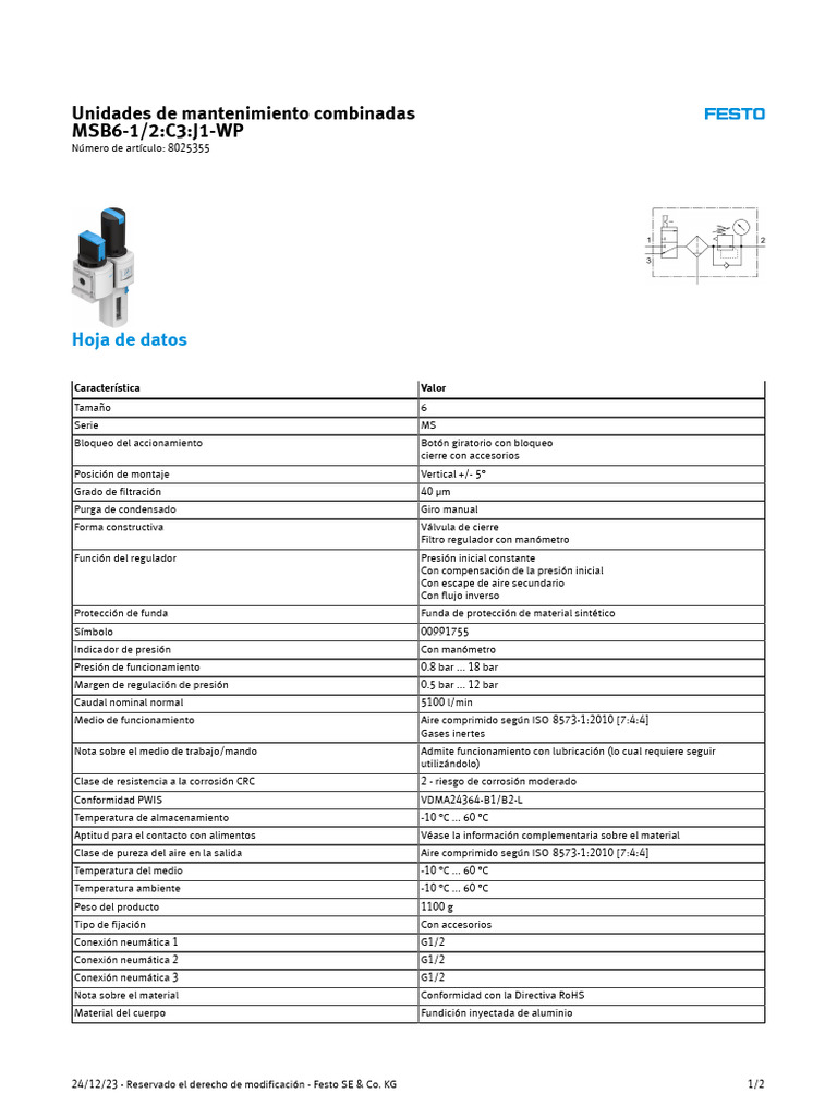 Datasheet Unidades de Mantenimiento Combinadas FESTO. MSB6-1-2-C3-J1-WP | PDF | Presión | Neumática
