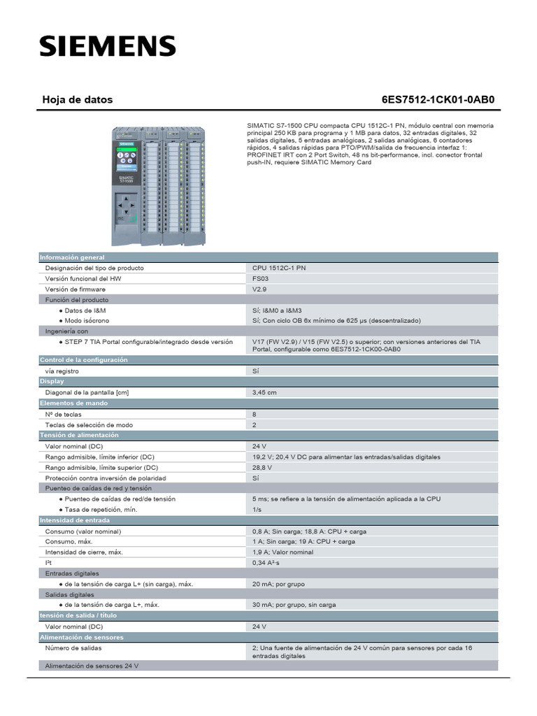 Datasheet Cpu Siemens 6es75121ck010ab0 | PDF | Resistencia Eléctrica y ...