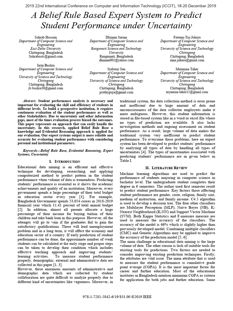 A Belief Rule Based Expert System To Predict Student Performance Under Uncertainty | PDF ...