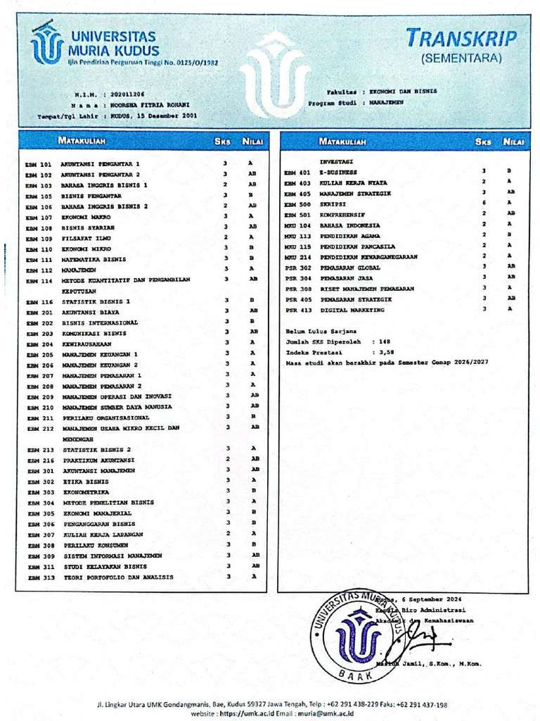 Transkip Nilai - Noorsha Fitria Rohani | PDF