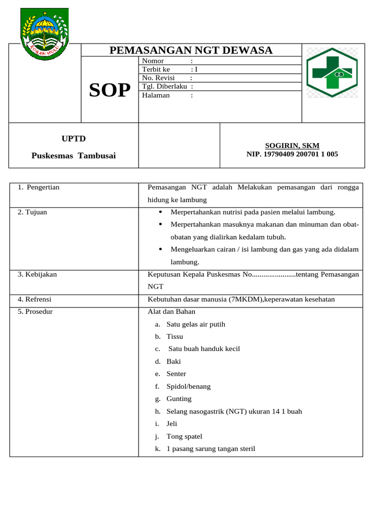Sop Pemasangan NGT Dewasa | PDF