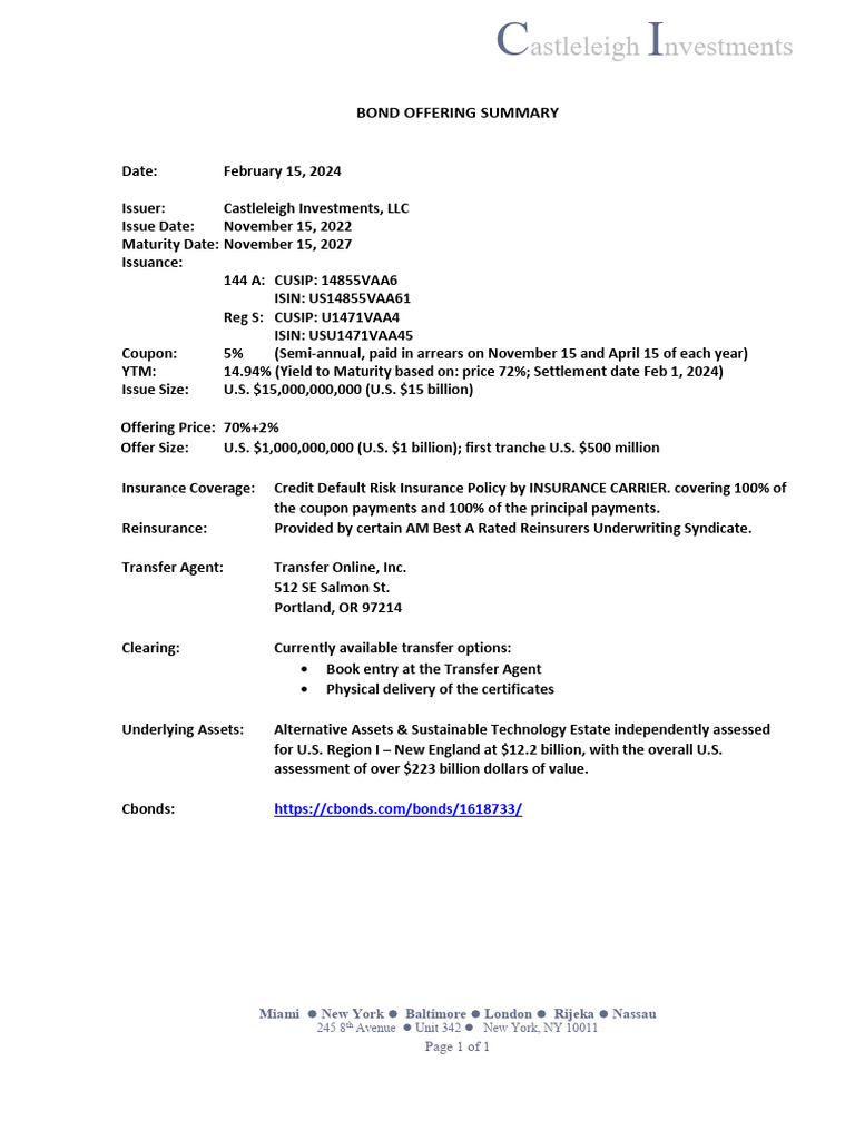 Castleleigh Bond Offering Summary | PDF | Finance & Money Management