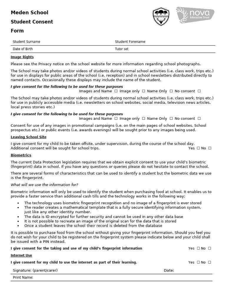 Student Consent Form for Media Use | PDF | Fingerprint | Biometrics