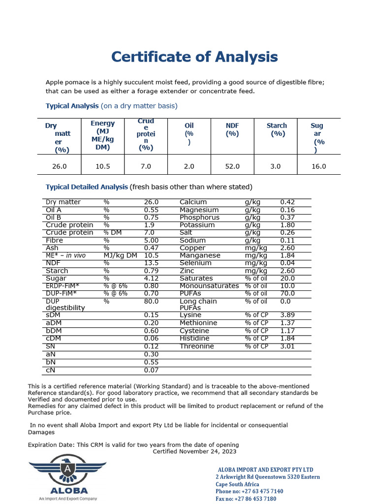 COA apple-pomace | PDF | Magnesium | Chemical Substances
