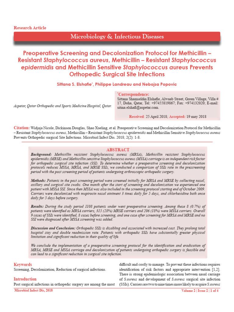 Preoperative Screening and Decolonization Protocol For Methicillin ...