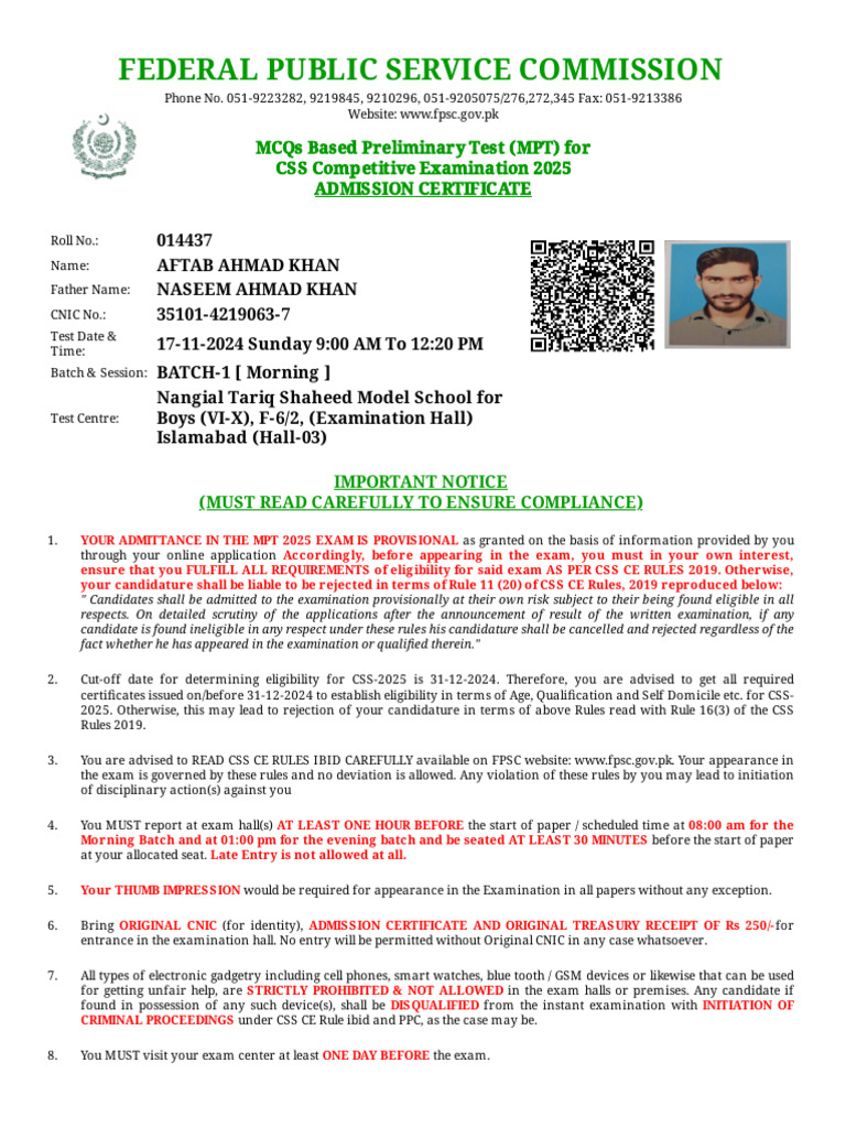 Online - Fpsc.gov - PK FPSC Css Prelim Exam 2025 BK Reports Css MPT Ac ...