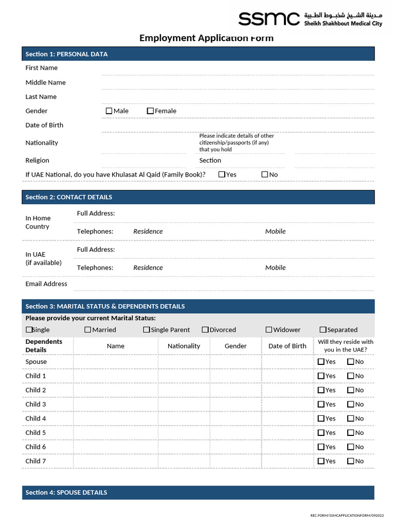 SSMC Employment Application Form 2 | PDF