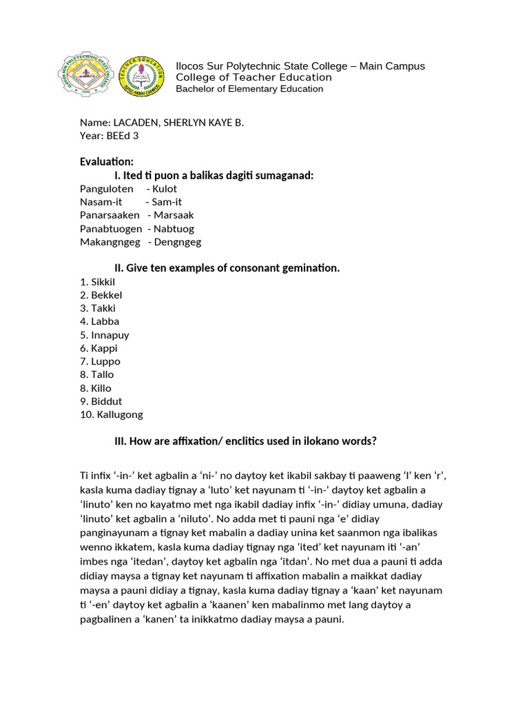 Evaluation: I. Ited Ti Puon A Balikas Dagiti Sumaganad:: College of ...