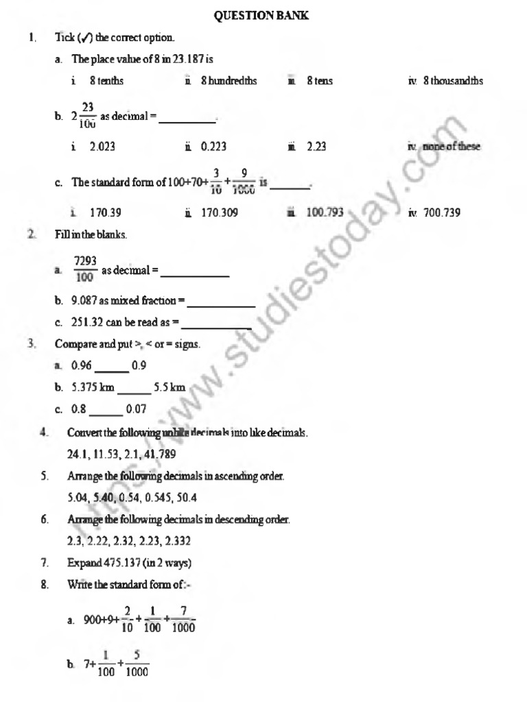 CBSE Class 4 Maths Decimals Question Bank 1 | PDF