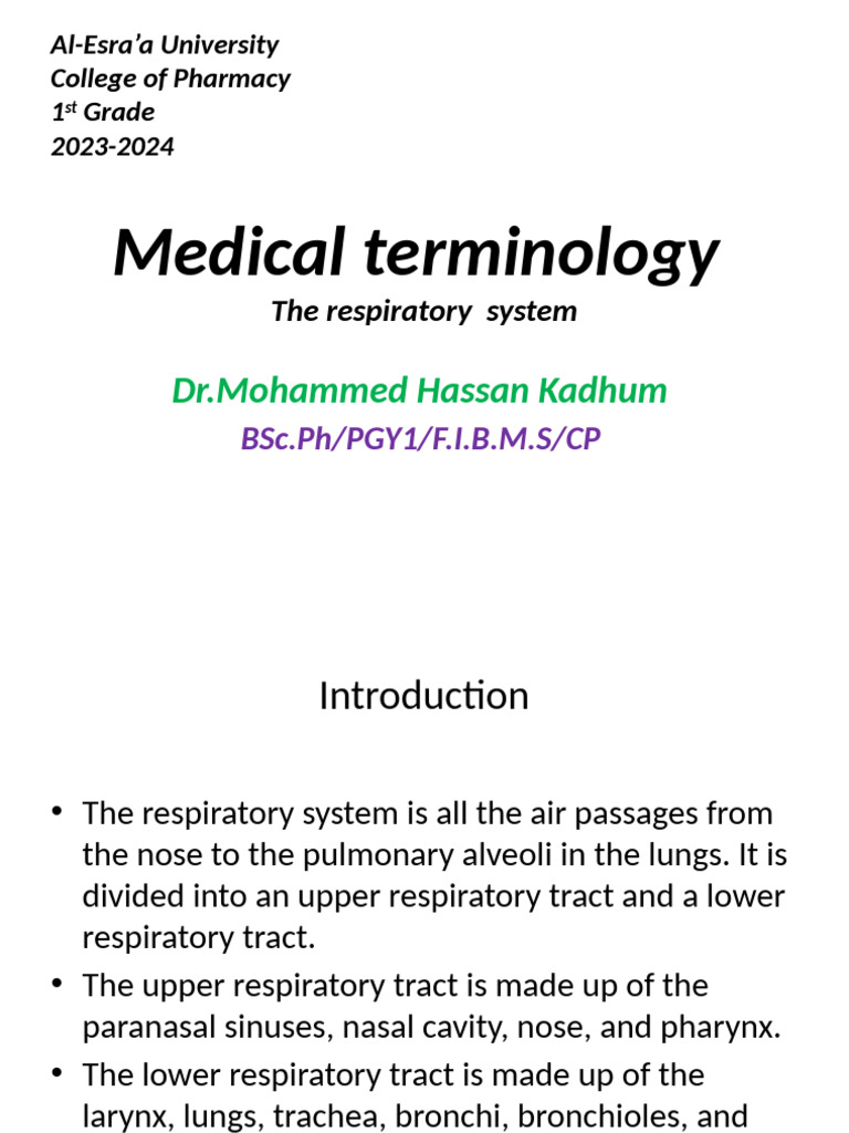Medical Terminology Lec 4 2024-1-18 | PDF | Respiratory Tract | Lung