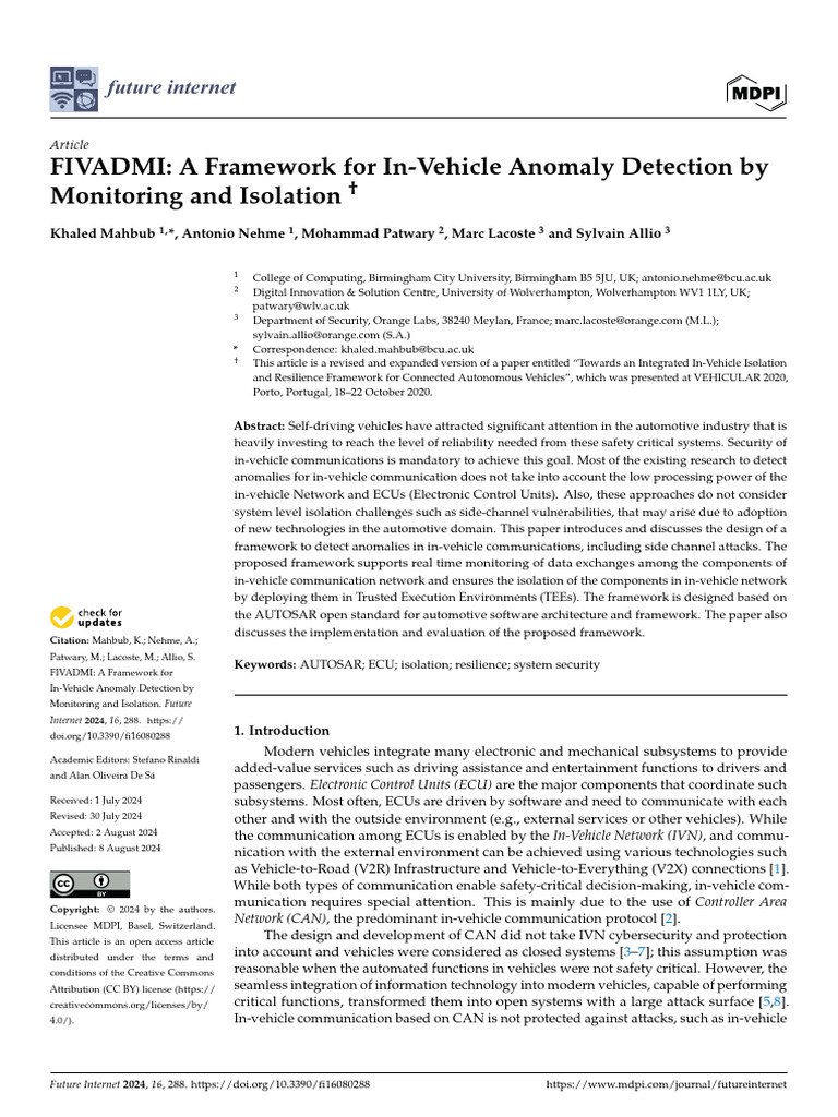 FIVADMI A Framework For In-Vehicle Anomaly Detecti | PDF | Computer Security | Security