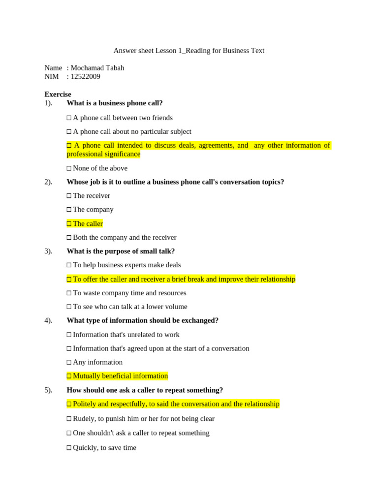 Answer Sheet Lesson 1 Reading For Business Text | PDF
