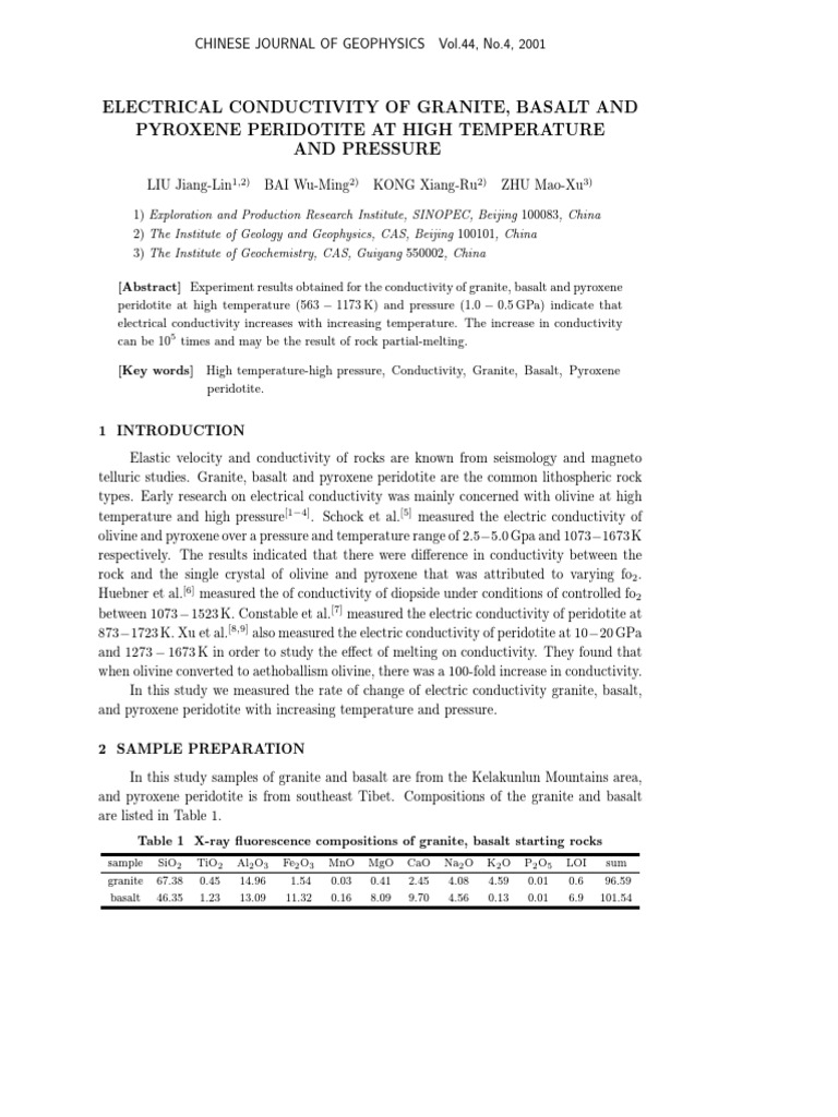 Chinese J of Geophysics - 2013 - LIU - Electrical Conductivity of Granite Basalt and Pyroxene ...