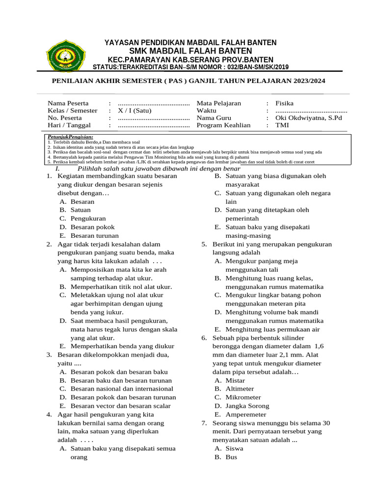 Soal Pas Fisika Kelas X Tmi | PDF