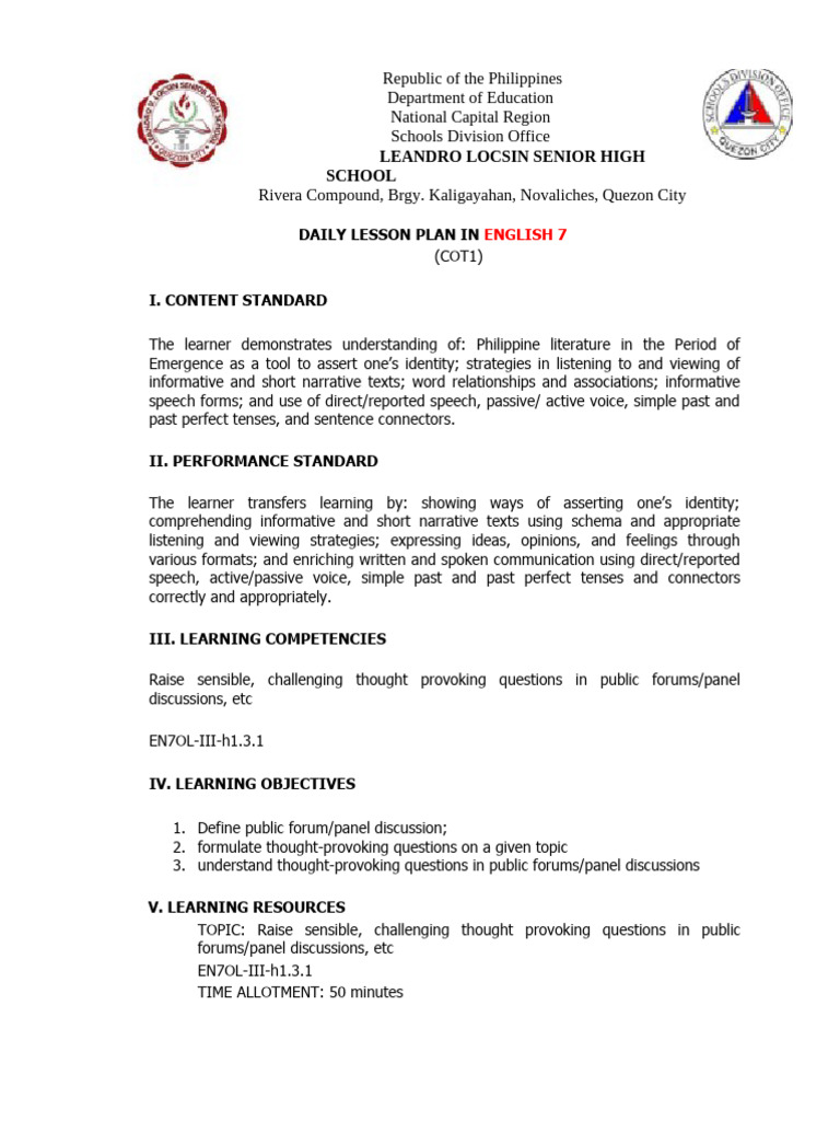 Daily Lesson Plan: English 7 Panel Discussions | PDF | Learning ...