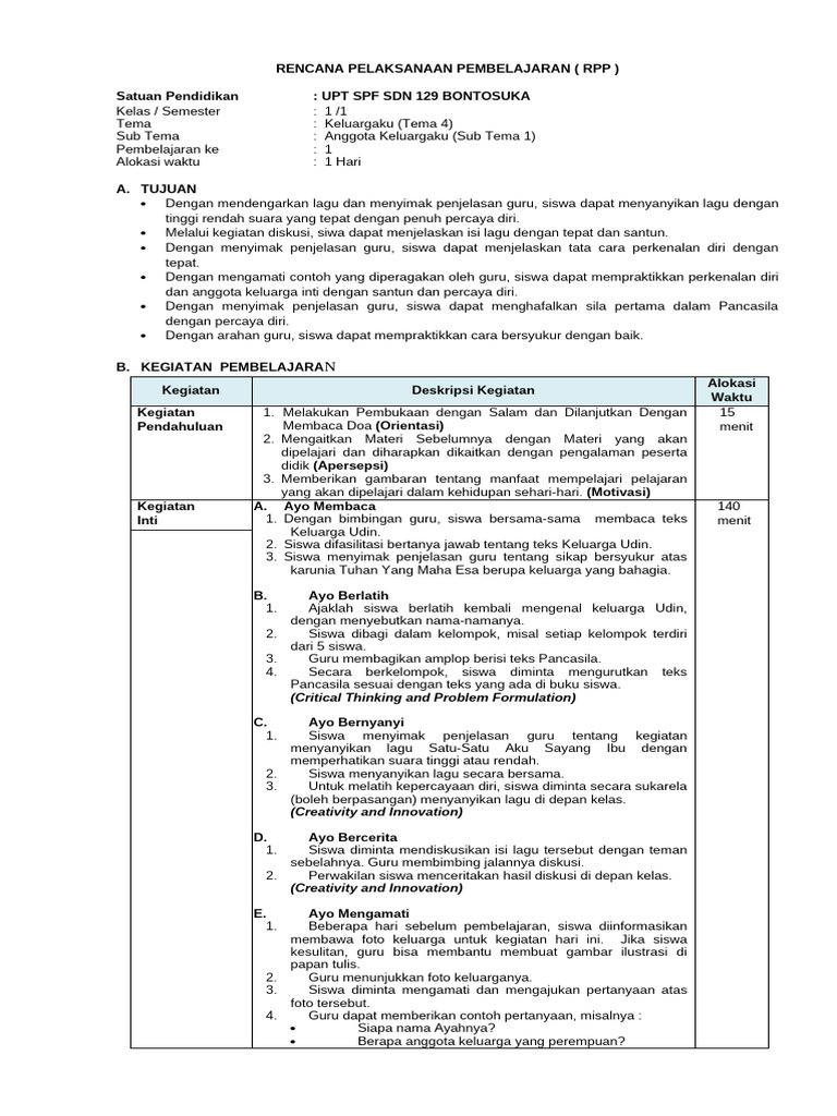 RPP Kelas 1 Tema 4 | PDF | Kesehatan Holistik