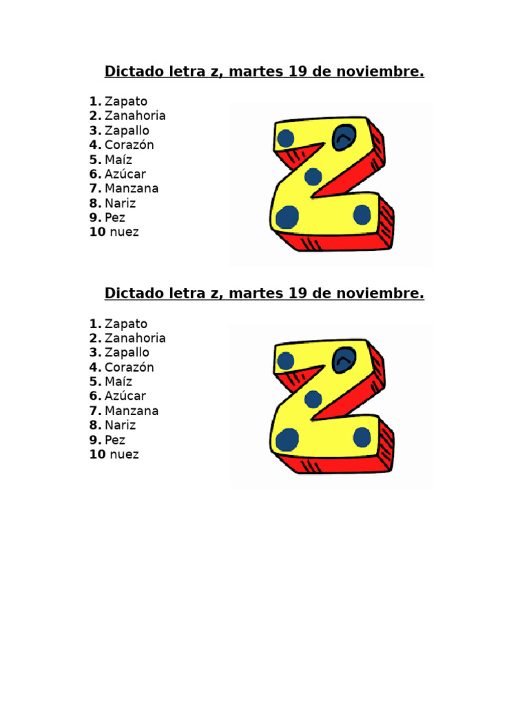 Dictado Letra Z | PDF