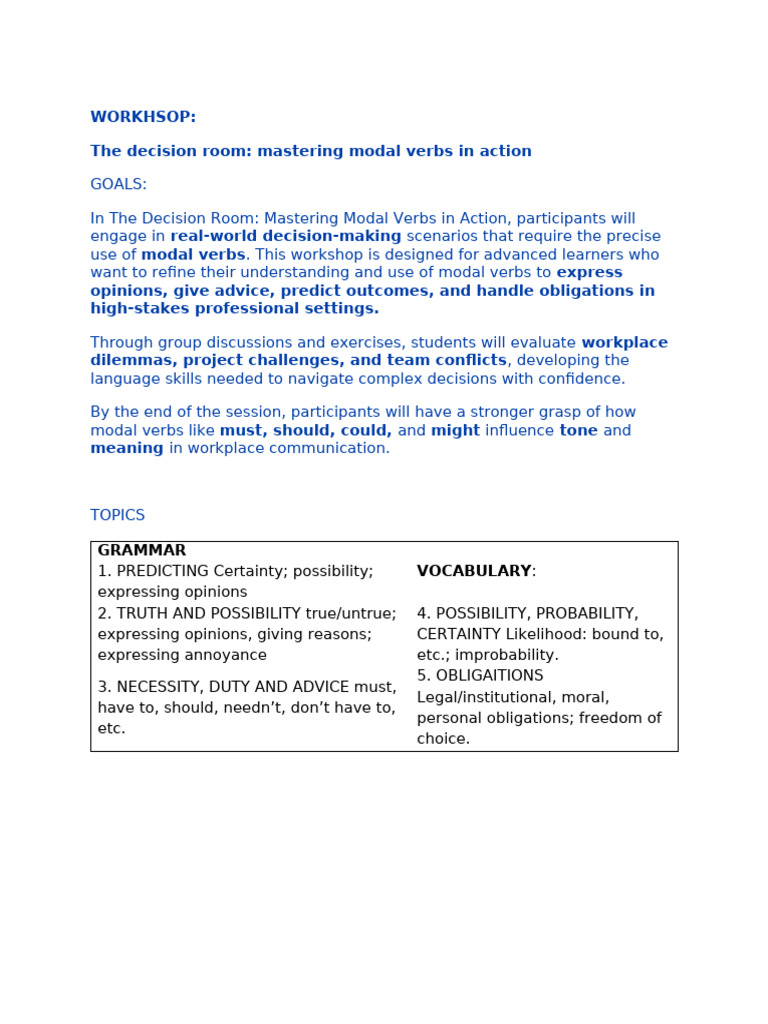 Advanced Modal Verbs Workshop | PDF