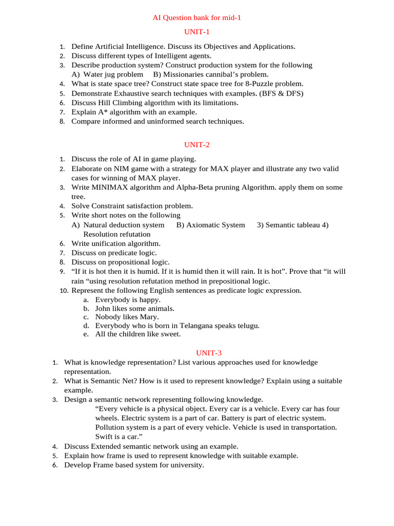 AI Question Bank for Midterm Exam | PDF | First Order Logic | Artificial Intelligence