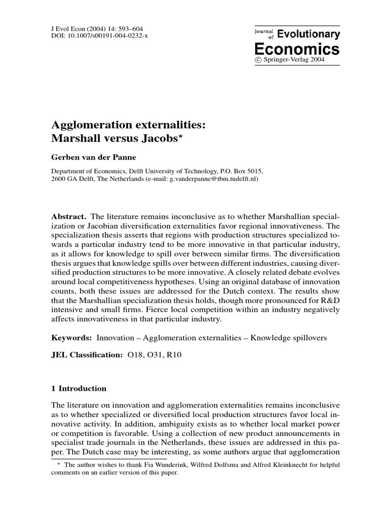 Agglomeration Externalities - Marshall Versus Jacobs. Panne, Gerben. Journal of Evolutionary ...