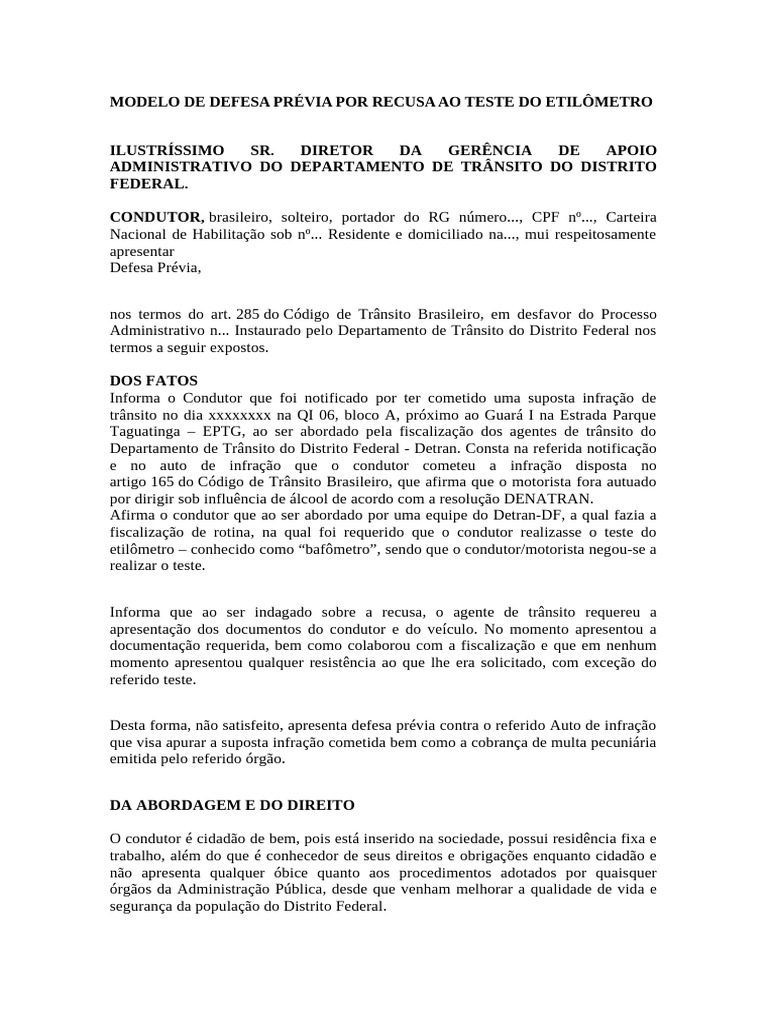 Modelo de Defesa Previa Recusa Ao Teste | PDF | Tráfego