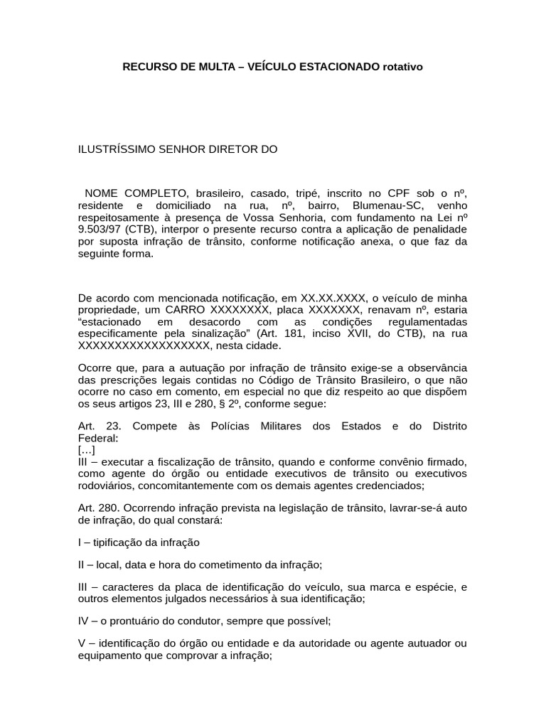 Modelo Recurso Multa Zona Azul | PDF | Tráfego | Justiça
