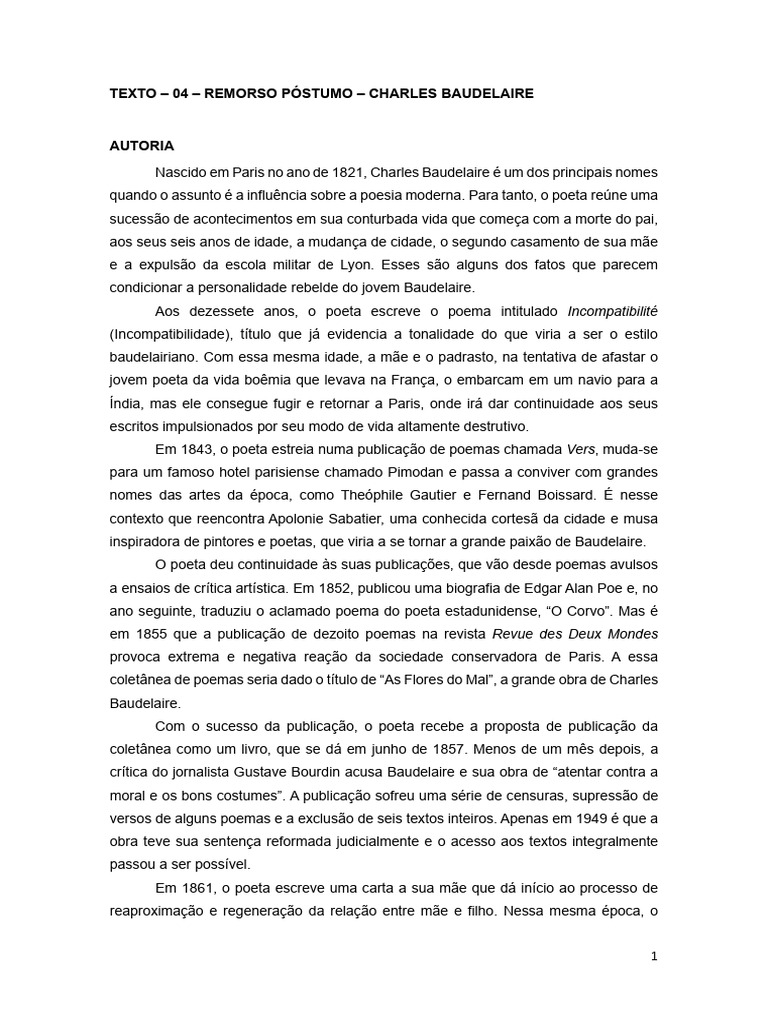Remorso Póstumo de Baudelaire | PDF | Charles Baudelaire | Simbolismo ...
