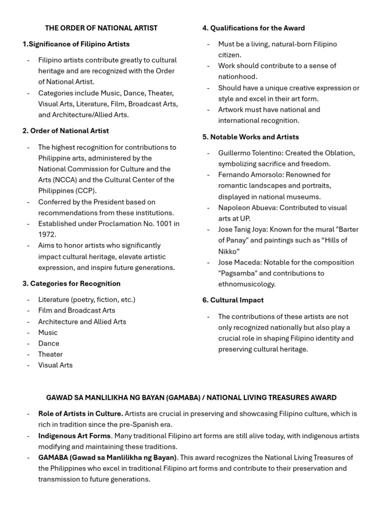 Order of National Artist & GAMABA Overview | PDF | Philippines