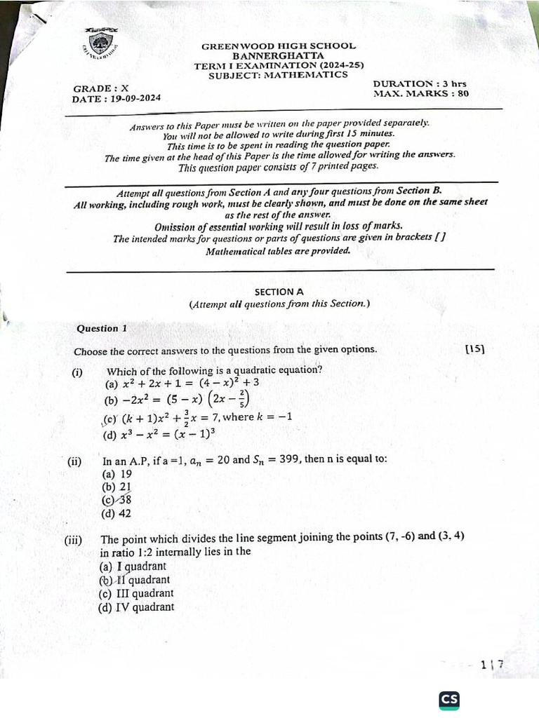 Greenwood High School-1st Term Exam-Maths | PDF