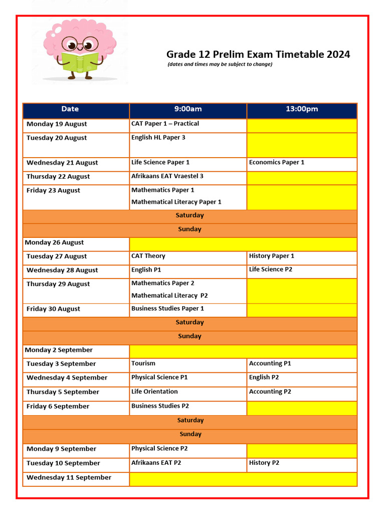 Grade 12 Prelim Timetable 2024 | PDF