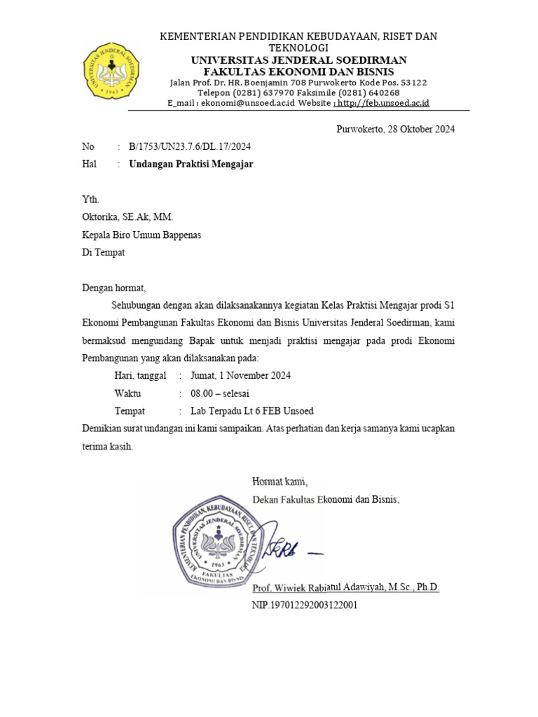 Undangan Praktisi Mengajar FEB Unsoed | PDF