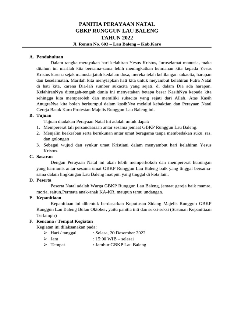 Panitia Perayaan Natal RG Lau Baleng 2022 | PDF