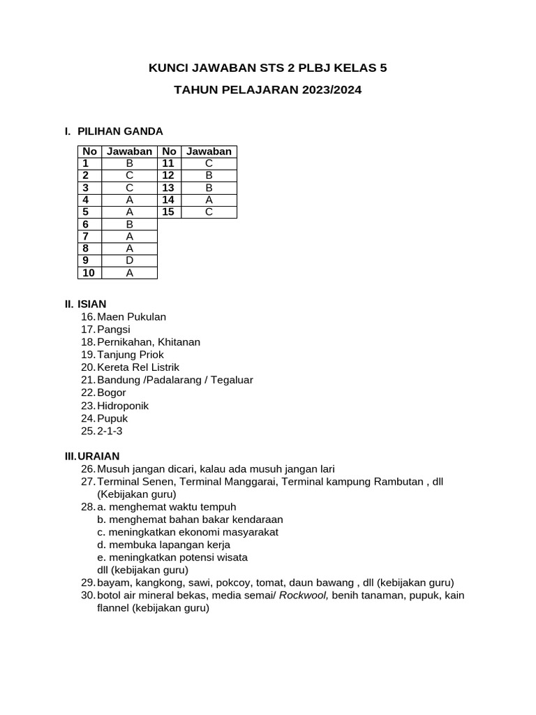 Kunci Jawaban STS 2 PLBJ Kelas 5 | PDF | Sains & Matematika