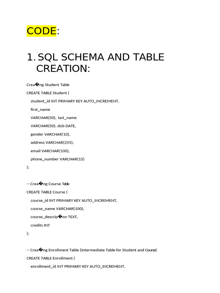 SQL Schema for Student Enrollment System | PDF