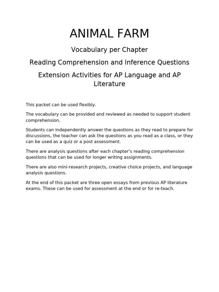 Animal Farm Chapter Vocabulary & Activities | PDF