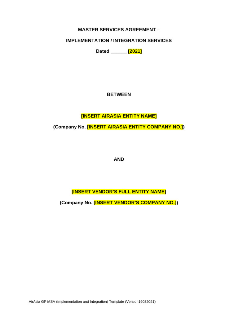 A4 - Template - Master Services Agreement (Implementation and ...