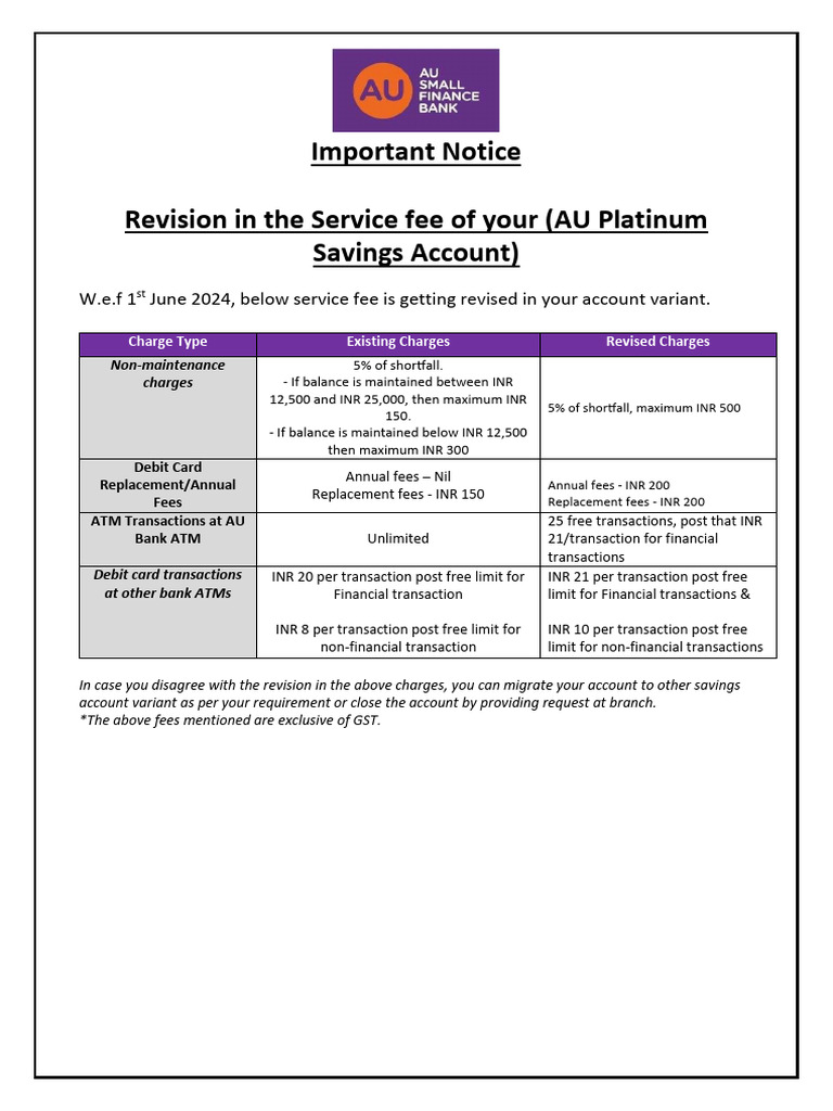 AU Bank - Revised Fees | PDF | Finance & Money Management