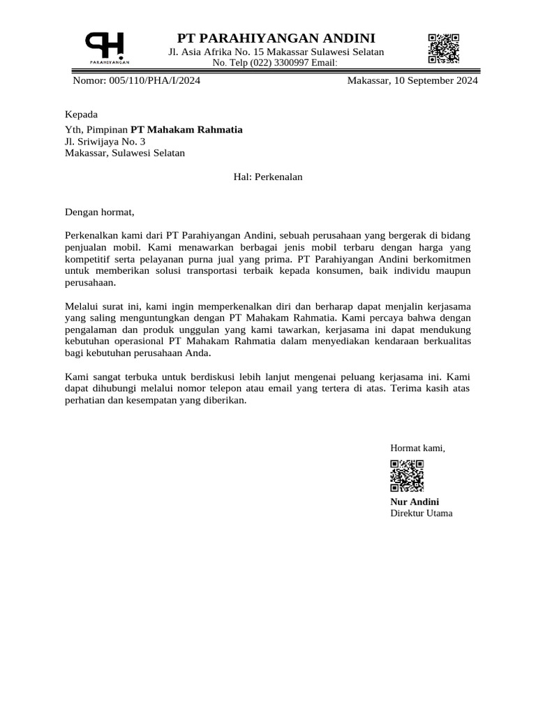 SURAT PERKENALAN PT PARAHIYANGAN ANDINI (Mahakam Rahmatia) | PDF