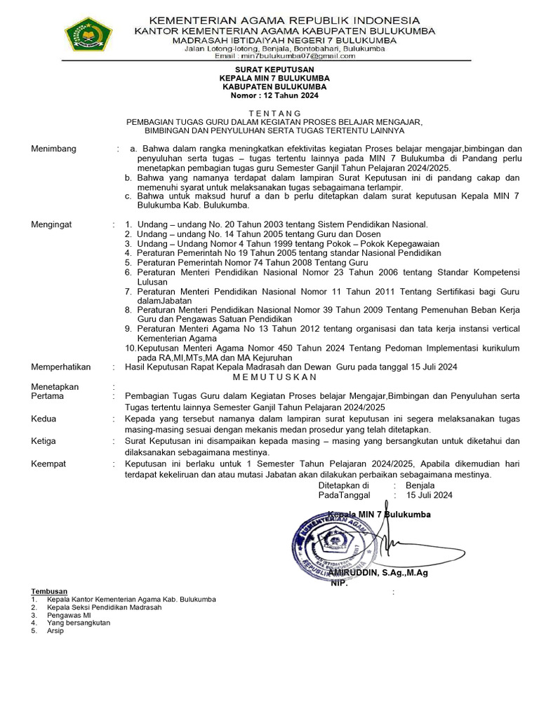SK Pembagian Tugas Dan Lampiran 2024 | PDF