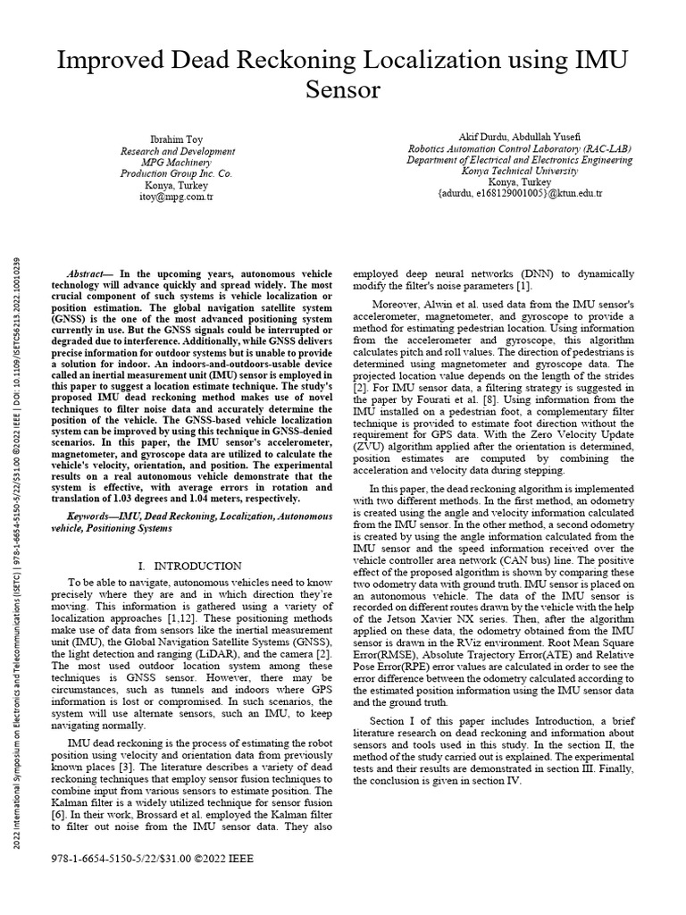 Improved Dead Reckoning Localization Using IMU Sensor | PDF | Inertial Navigation System | Metrology