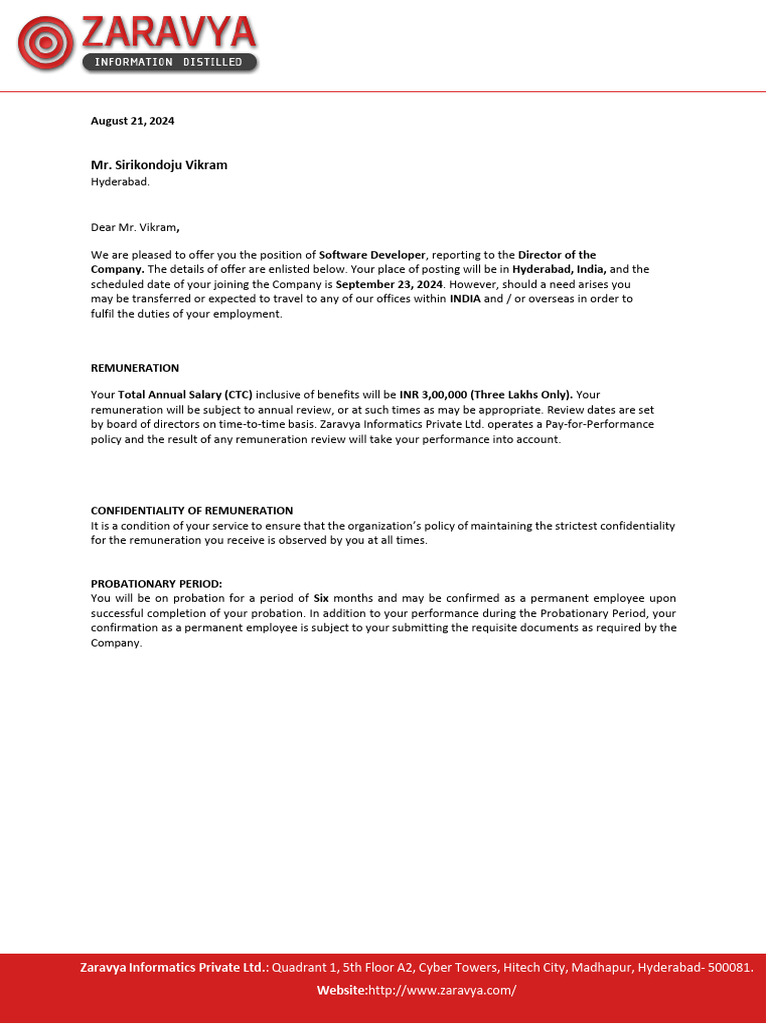 Sirikondoju Vikram - Offer Letter | PDF | Employment | Expense