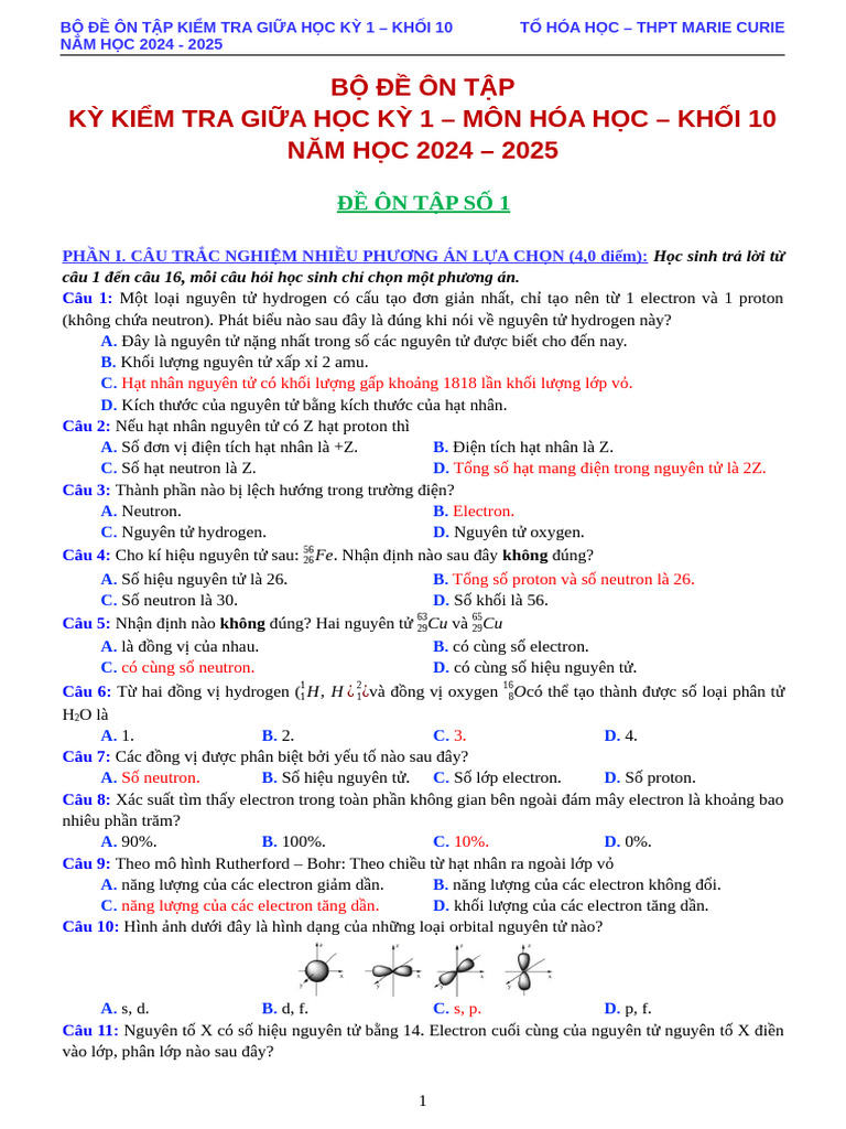 Đề-Ôn-Tập-Kt-Giữa-Hk1-Hóa-10-2024-2025-Gv 3 | PDF