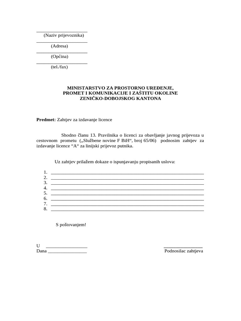 Obrazac Zahtjeva Za Licencu-Pravno Lice | PDF