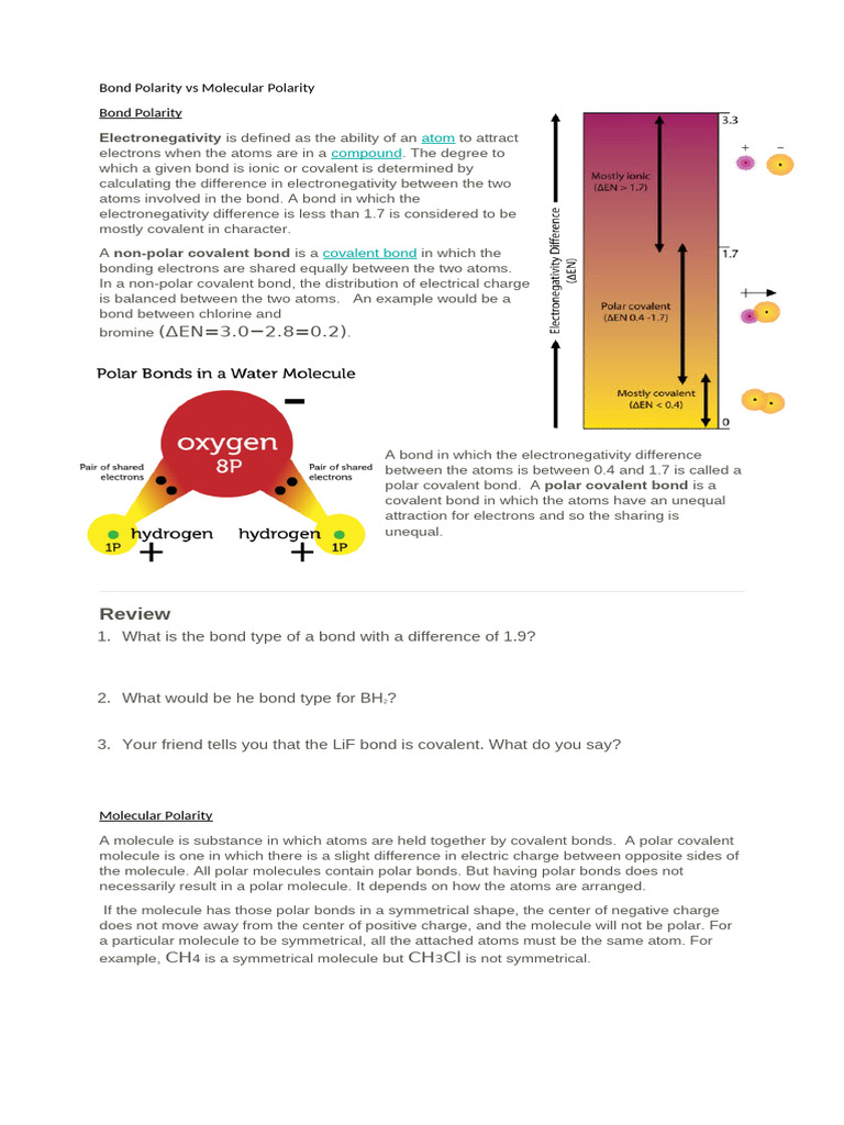 Bond Polarity Vs Molecular Polarity | PDF | Chemical Polarity ...