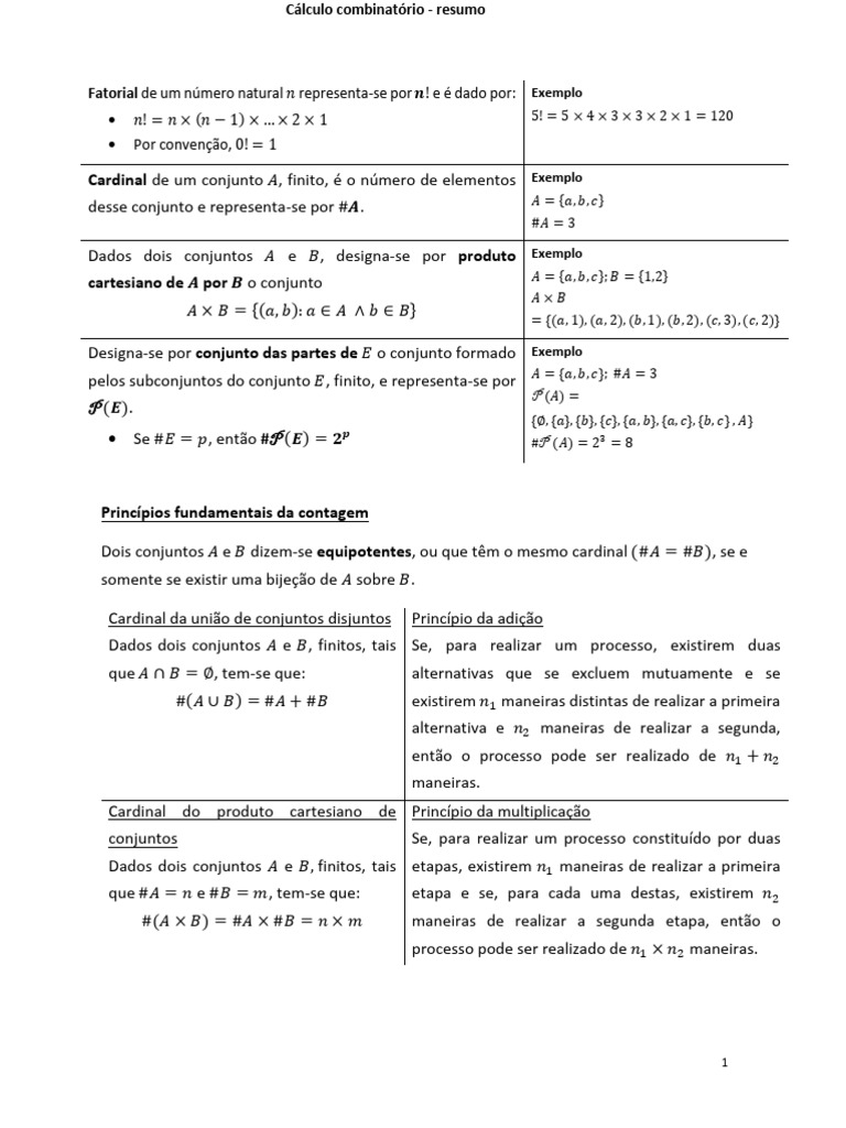 12 - Cálculo Combinatório - Resumo | PDF | Conjunto (Matemática ...