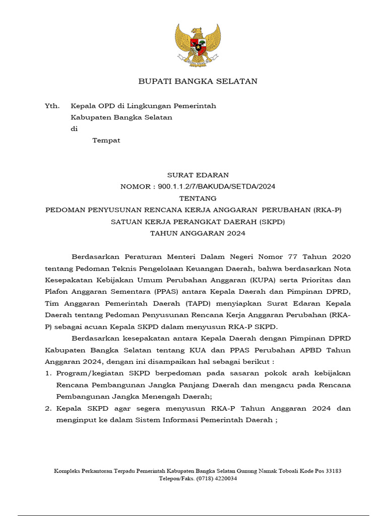 Surat Edaran Pedoman Penyusunan Rka Perubahan 2024 | PDF