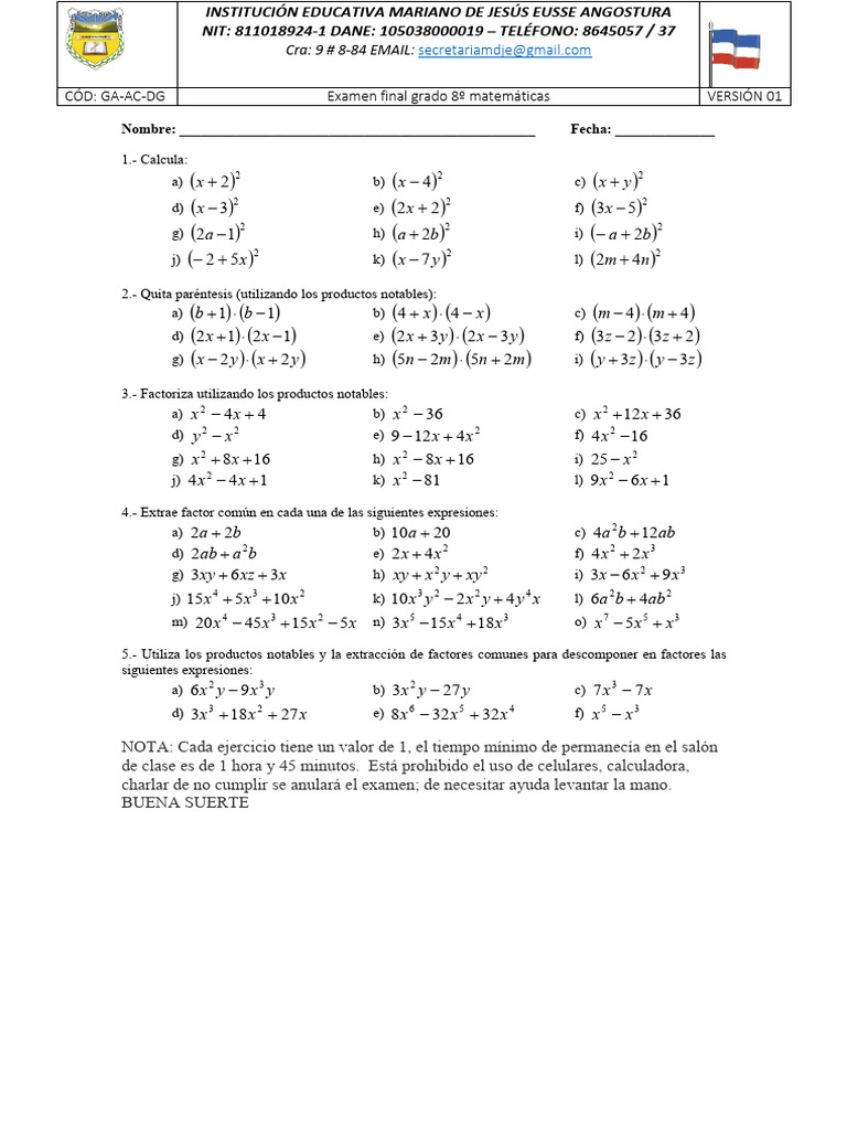 Examen Final Matemáticas 8º Grado | PDF