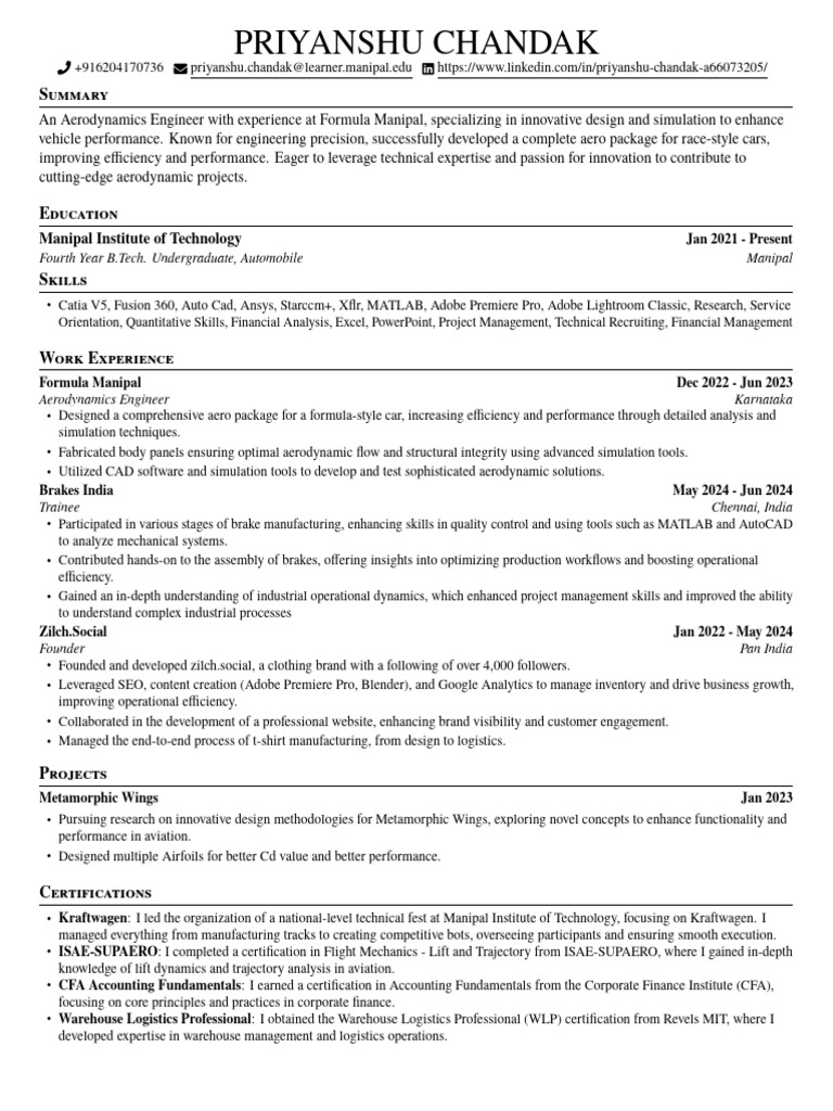 Priyanshu Chandak 210934026 Automobile Resume | PDF | Simulation | Lift (Force)