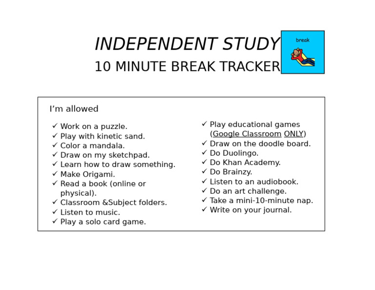 Independent Study 10-Minute Break Tracker | PDF | Home & Garden