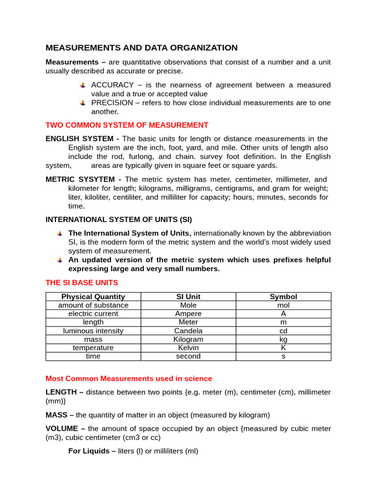 Measurements and Data Organization | PDF | International System Of ...